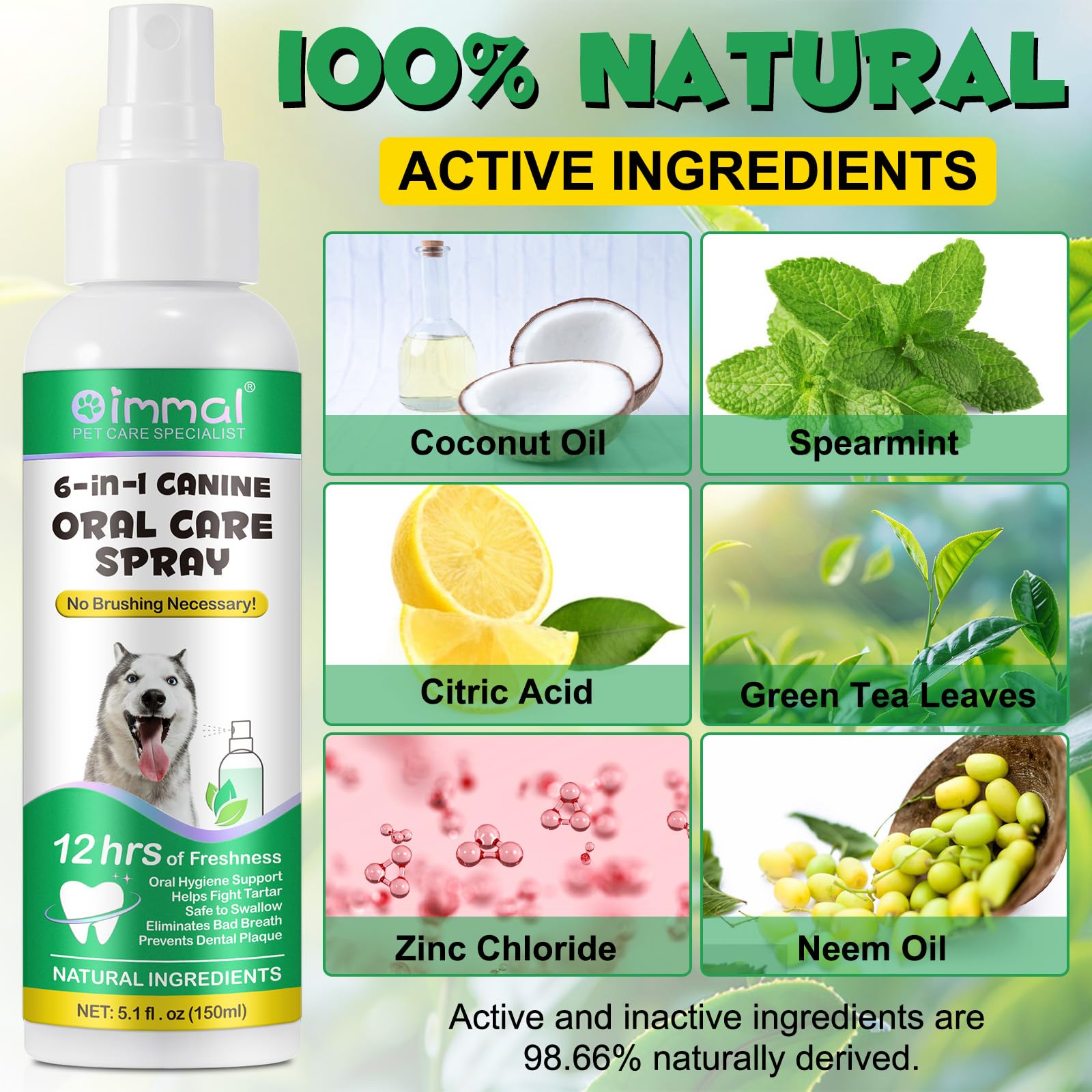 Oral Care Spray for Dogs, Pet Breath Dental Care Spray with Natural Ingredients, Dog Breath Freshener for Bad Breath, Plaque and Tartar, Pet Health Supplies Teeth Treatment Spray - 5.1 Fl Oz / 150ml