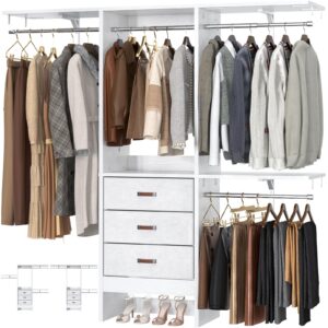 armocity 5ft small closet system with 3 fabric drawers, 60 inches walk in closet organizer system with 3 adjustable shelves, heavy duty clothes rack built-in garment rack, 59" l x 16" w x 71" h, white