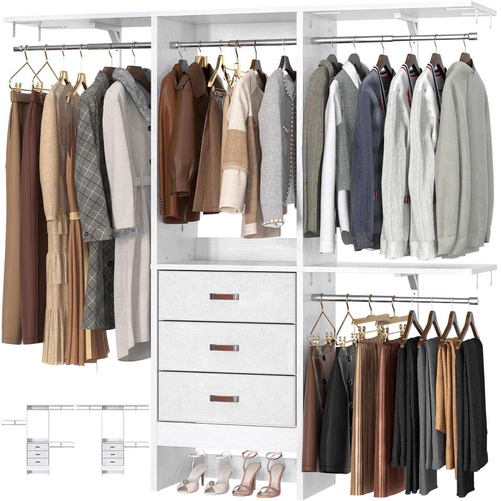 Armocity 5FT Small Closet System with 3 Fabric Drawers, 60 Inches Walk In Closet Organizer System With 3 Adjustable Shelves, Heavy Duty Clothes Rack Built-In Garment Rack, 59" L x 16" W x 71" H, White