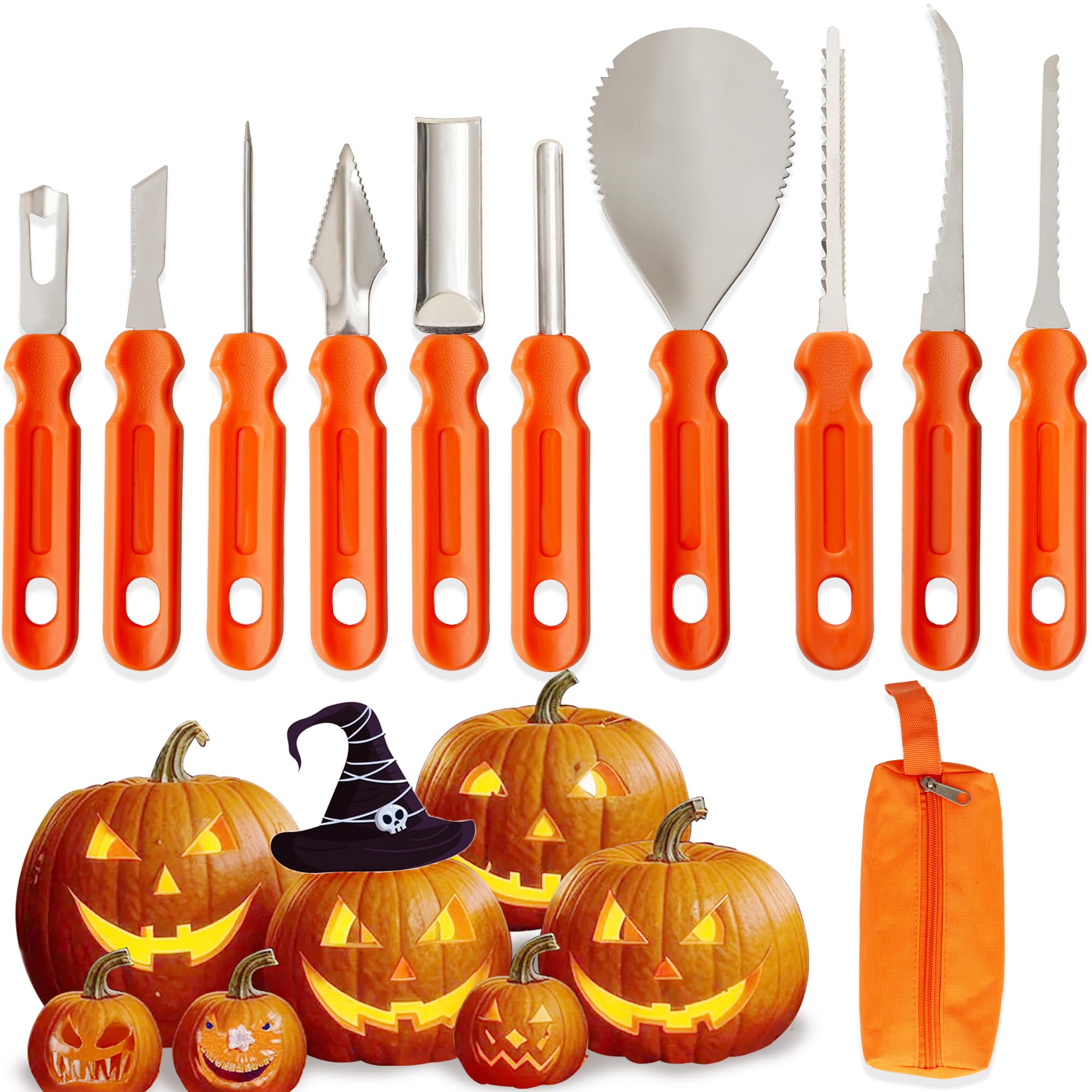 RVXHUA 10PCS Pumpkin Carving Kit, Professional Halloween Decoration Set, Stainless Steel Tools with Carrying Bag, Jack-o'-lantern Knife Kit for Kids, Adults, and Family DIY Gift