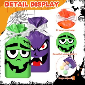 Teenyyou 50 Pcs Halloween Drawstring Treat Bags Halloween Candy Bag Halloween Plastic Snack Bag with Drawstring Halloween Theme Goodie Bag for Halloween Trick or Treat Party Favor Supplies