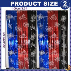 Spider Web Birthday Decorations Backdrop 2 Pack Spider Party Supplies Red Blue and Black Halloween Tinsel Foil Fringe Curtains Party Streamers Background for Boys Spider Theme Party Decorations