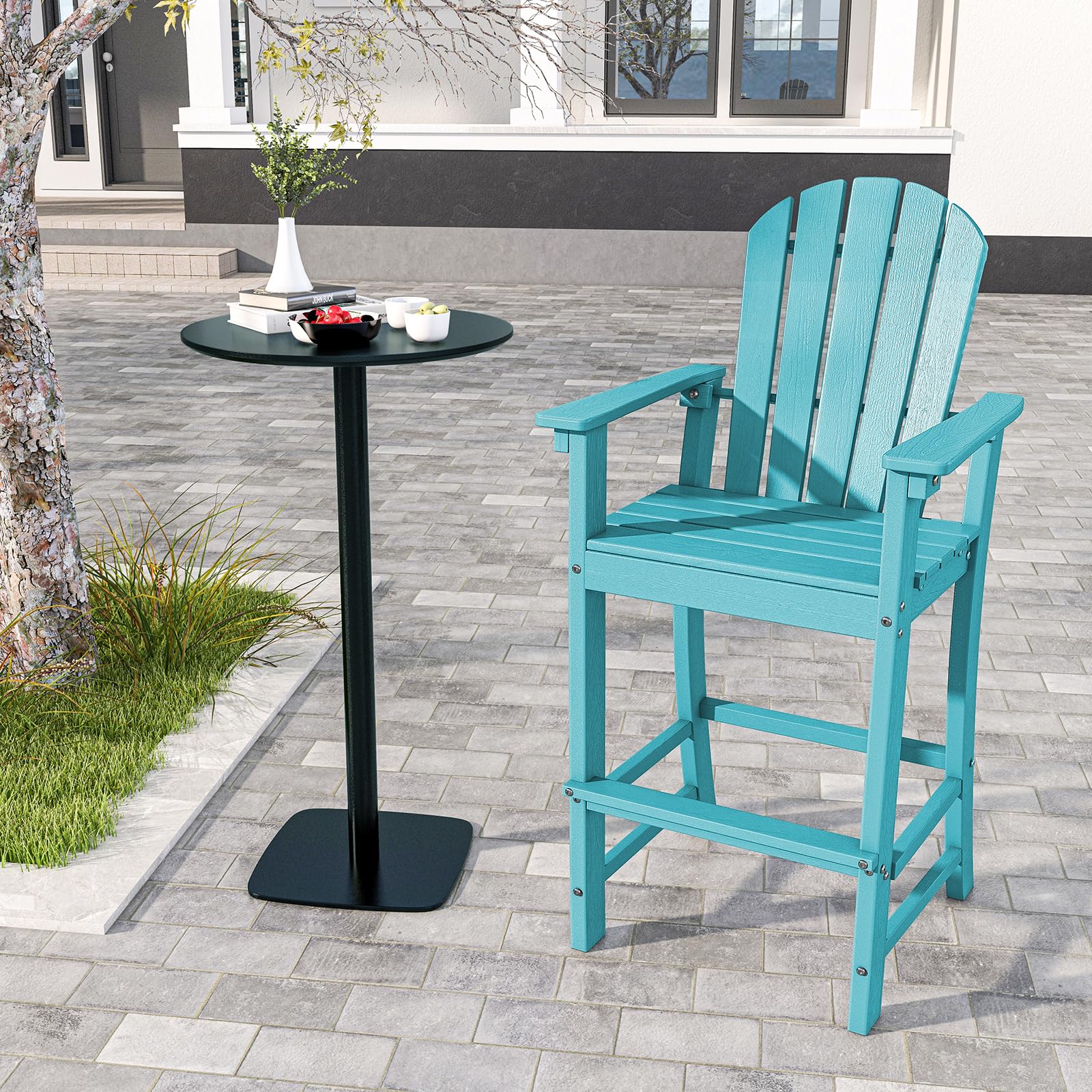 Tangkula Outdoor Tall Adirondack Chair 30 Inches Seat Height, HDPE Bar Height Patio Chair with High Backrest, Armrests and Footrest, Outdoor Bar Stool for Balcony Deck Garden Poolside (2, Turquoise)