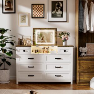 MIIFUNY Dresser with Mirror for Bedroom, 8 Drawer Dresser with Charging Station, Farmhouse Chest of Drawers for Bedroom, Hallway, Kids Room