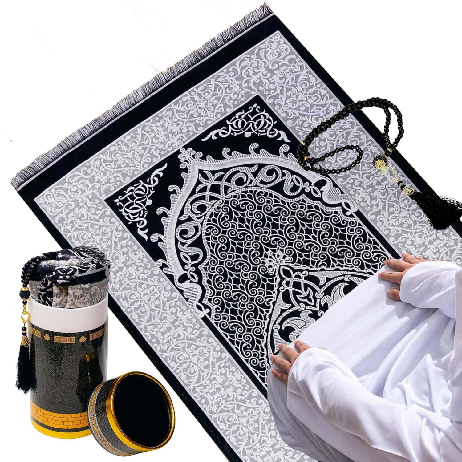 Muslim Prayer Rug and Prayer Beads with Gift Box, Soft Islamic Prayer Mat, Islamic Gifts Set, Prayer Carpet Mat, Sajadah/Janamaz/Seccade (Black-Gray)