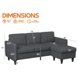 ZeeFu Convertible Sectional Sofa Couch: Dark Gray 3Seat L-Shaped Sectional Sofa Couches with Storage Ottoman - Modern Linen Fabric Small Sofa Furniture Set for Living Room Office Small Space Apartment