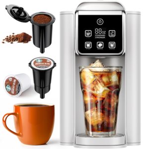 kidisle hot & iced coffee maker with bold setting, single serve coffee maker for k cup and grounds, 6-14 oz brew sizes, 50 oz removable water tank, one cup coffee machine with reusable filter, white