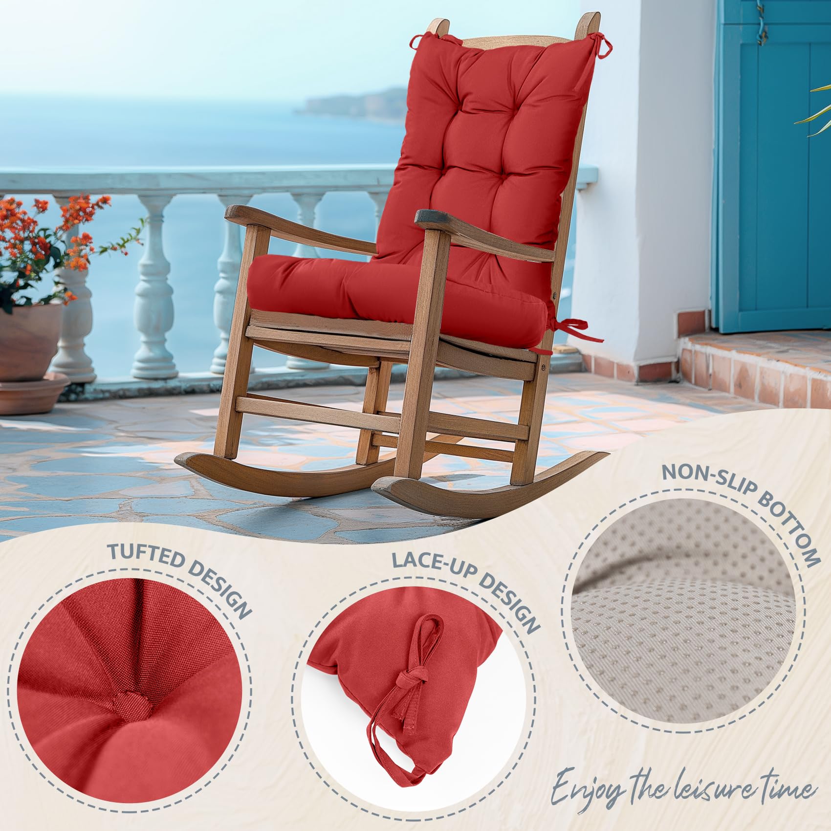 mudilun Rocking Chair Cushion Non-Slip Tufted Indoor/Outdoor Rocking Chair Cushions 80% Water Proof with Straps for Living Room Baby Room Garden High Back Rocking Chair Pads (Red)