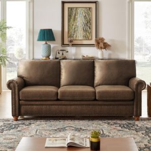 onbrill 84" faux leather couch, mid-century modern couch w/brass nailhead trim, 3 seater sofa couch w/rolled arm, pocket spring cushions, gourd feet, dark brown couch leather sofas for living room