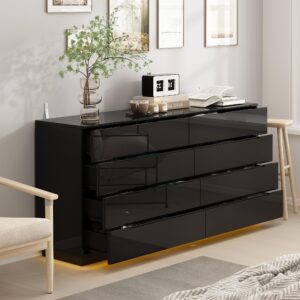 Hitow Bedroom Dressers with 8 Drawers, Wooden Wide Dresser with Light, Modern Black Dresser for Bedroom, Double Dresser Chest of Drawers, High Gloss, LED Light, Black, 63”W x 15.7”D x 30.9”H