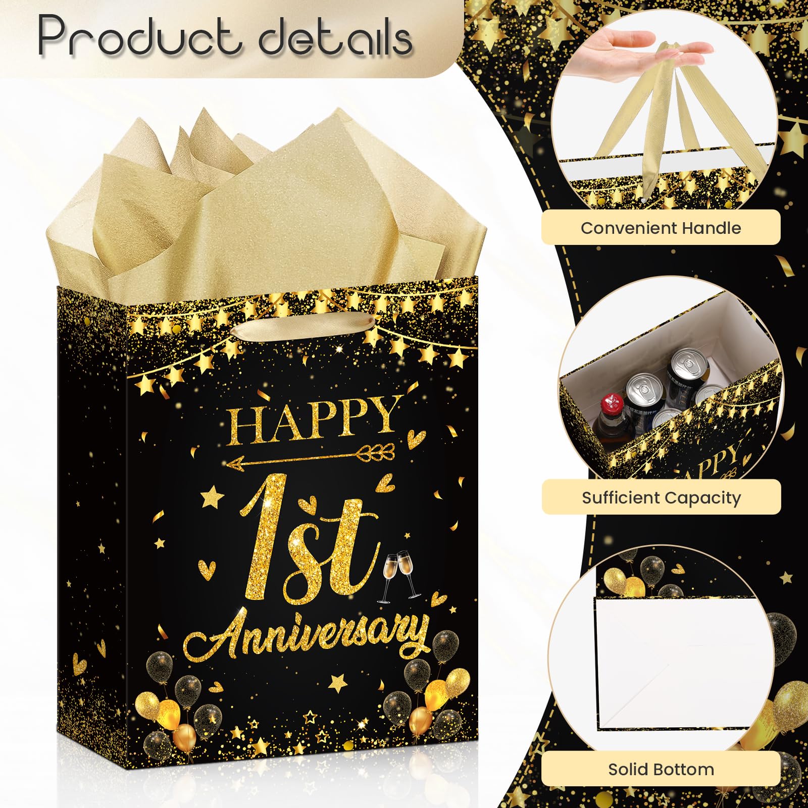 1st Anniversary Paper Gift Bag Black Gold One Year Wrapping Paper Bag with Tissue Paper Card Happy First Wedding Anniversary Party Gift Bag for Couple Wife Husband 1st Wedding Anniversary Decorations