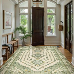 Boho Sage Green Area Rug 5x7 Living Room Rugs,Colorful Southwestern Rug for Bedroom,Large Dining Room Nursery Rug Non Slip,Washable Farmhouse Carpet for Playroom Entryway(Green/Beige/Multi,5'x7')