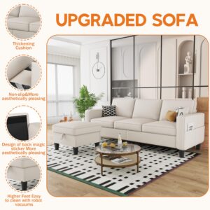 ZeeFu Convertible Sectional Sofa Couch: Beige 3 Seat L-Shaped Sectional Sofa Couches with Storage Ottoman - Modern Linen Fabric Small Sofa Couch Set for Living Room Office Small Space Apartment