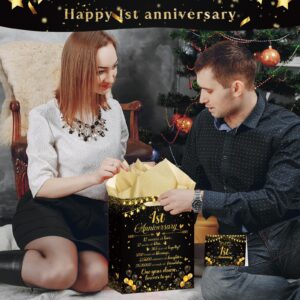 1st Anniversary Paper Gift Bag Black Gold One Year Wrapping Paper Bag with Tissue Paper Card Happy First Wedding Anniversary Party Gift Bag for Couple Wife Husband 1st Wedding Anniversary Decorations