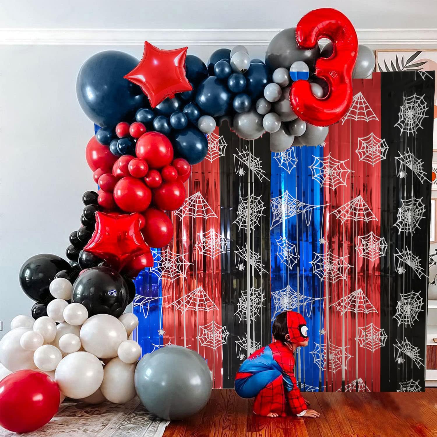 Spider Web Birthday Decorations Backdrop 2 Pack Spider Party Supplies Red Blue and Black Halloween Tinsel Foil Fringe Curtains Party Streamers Background for Boys Spider Theme Party Decorations