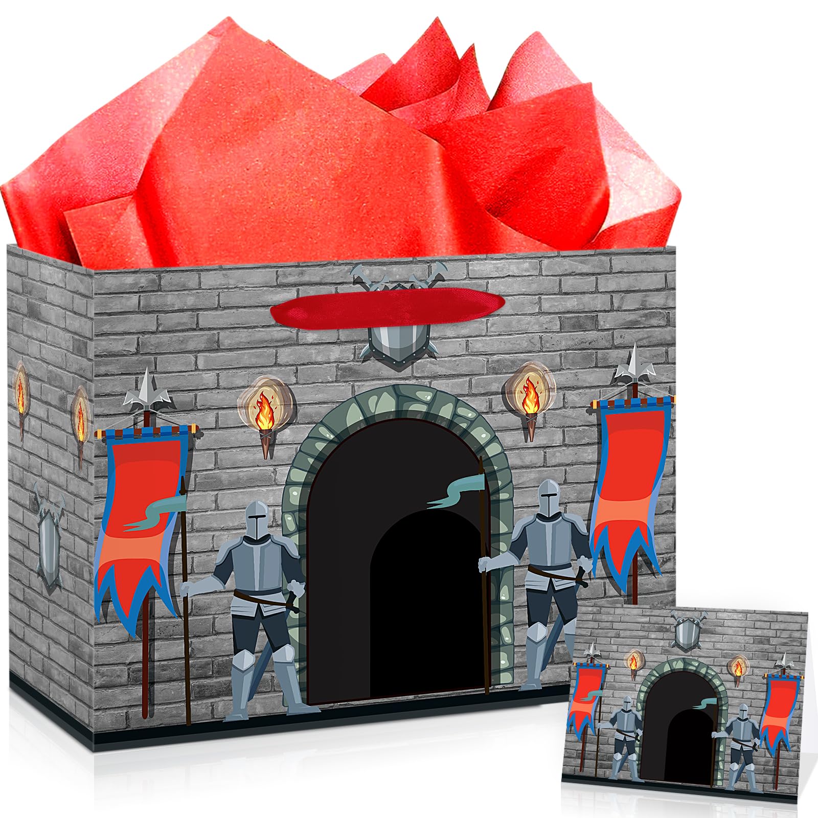 Large Medieval Party Gift Bags Castle Knight Favor Bags with Tissue Paper Card Medieval Castle Princess Knight Wrapping Paper Bags for Boys Girls Birthday Medieval Halloween Party Decorations Supplies