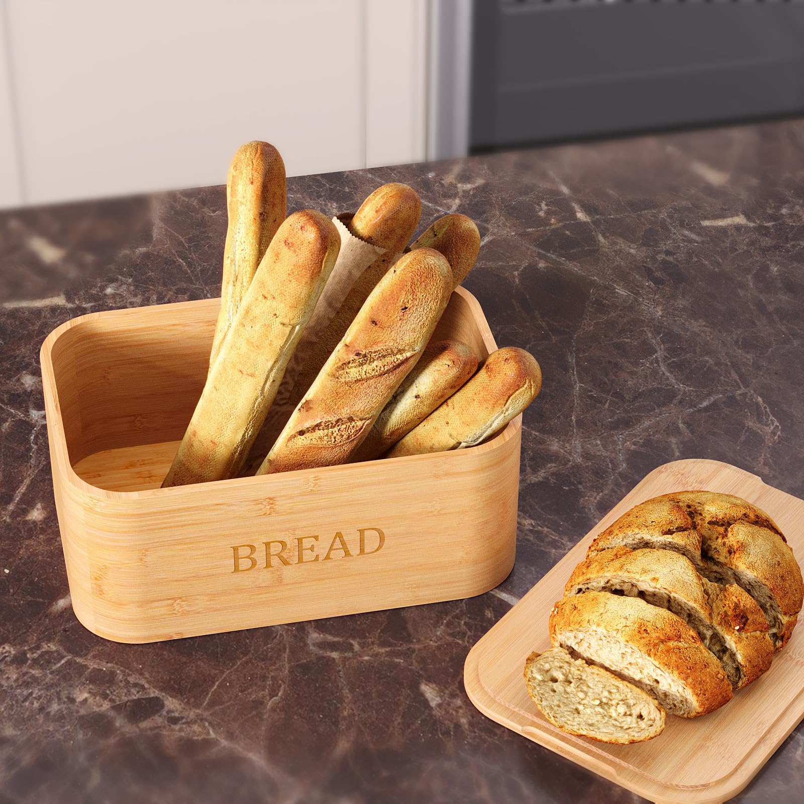 Danfoxer Bamboo Bread Box for Kitchen Countertop,Curved Bamboo Bread Boxes with Cutting Board Lid,Wooden Bread Storage,Bread Container Airtight,Food Storage for Kitchen Counter(Natural)