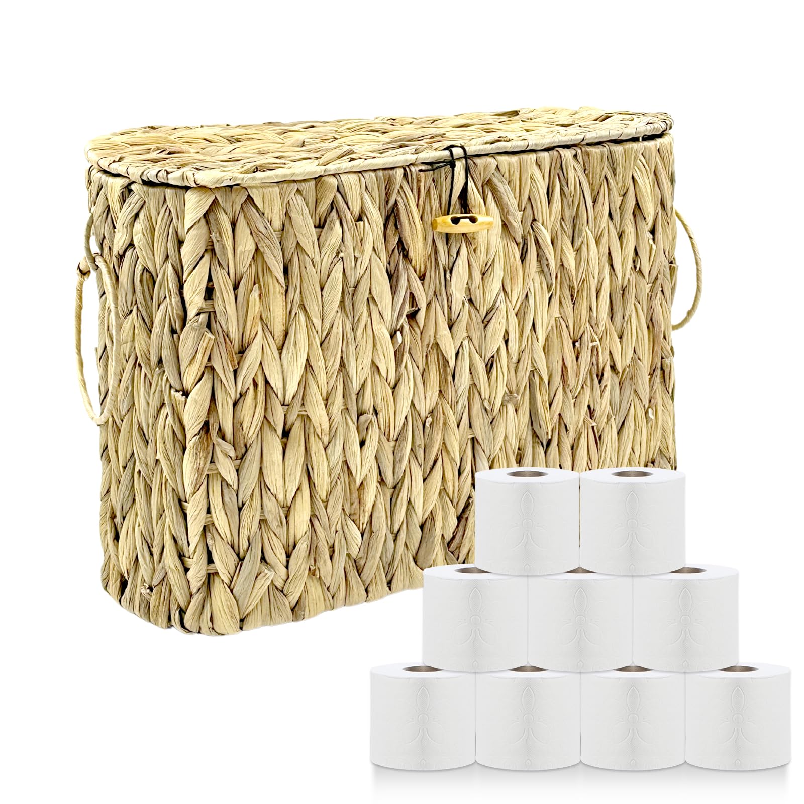 Large Toilet Paper Storage with Lid and Handle, Water Hyacinth Toilet Paper Basket Bathroom Organizer,Large Capacity Toilet Paper Holder for up to 9 Rolls, Dust-Proof Bathroom Accessories Organizer