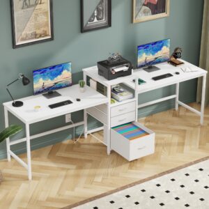 gyiiyuo 94.5'' two person desk with charging station, long desk with 3 drawers and printer shelf, double computer desk, fabric drawers, 2 person writing study table workstation for home office, white