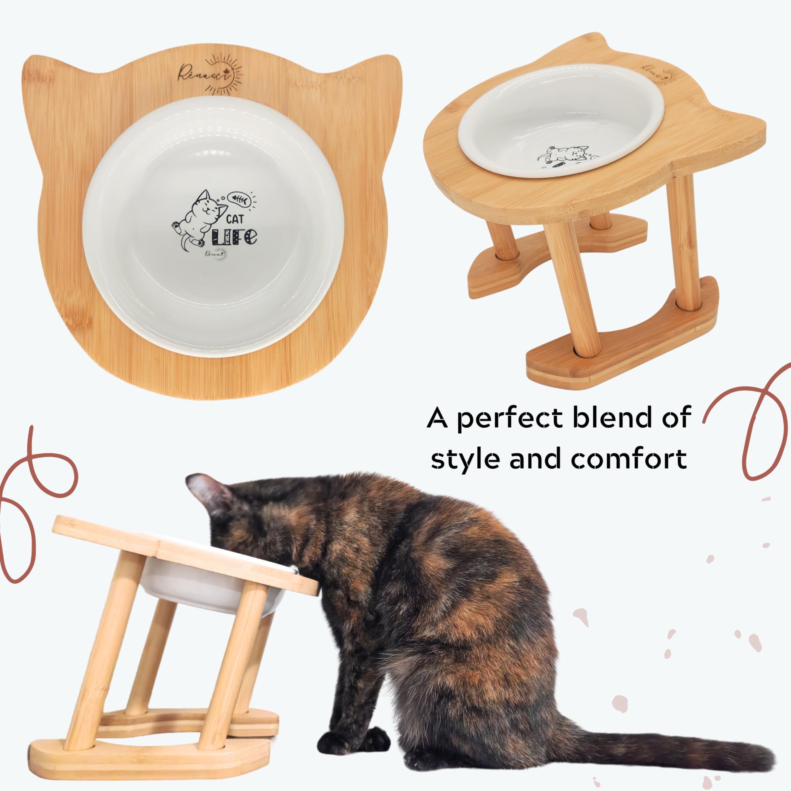 Rênasci® Elevated Ceramic Cat Food Dish Bowl, Adjustable Height, Raised Eco-Bamboo Wood Rack, Sturdy Pet Feeder, Tilted Angle