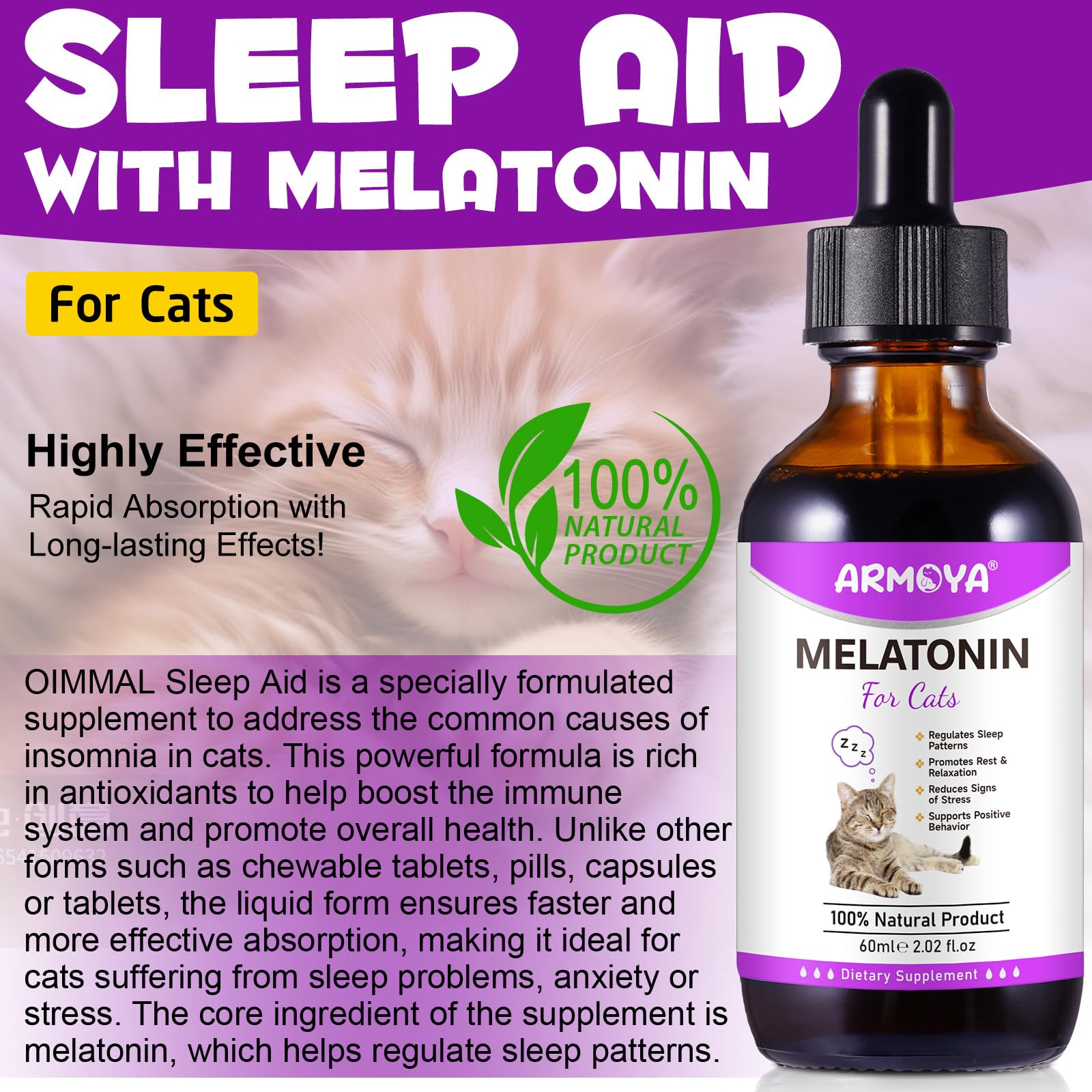 ARMOYA Cat Melatonin - Melatonin for Cats - Cat Calming Treats- Cat Sedative for Grooming - Helps to Support Restful Sleep for Your Cat - Cat Sleep Aid - Anxiety Relief for Cats