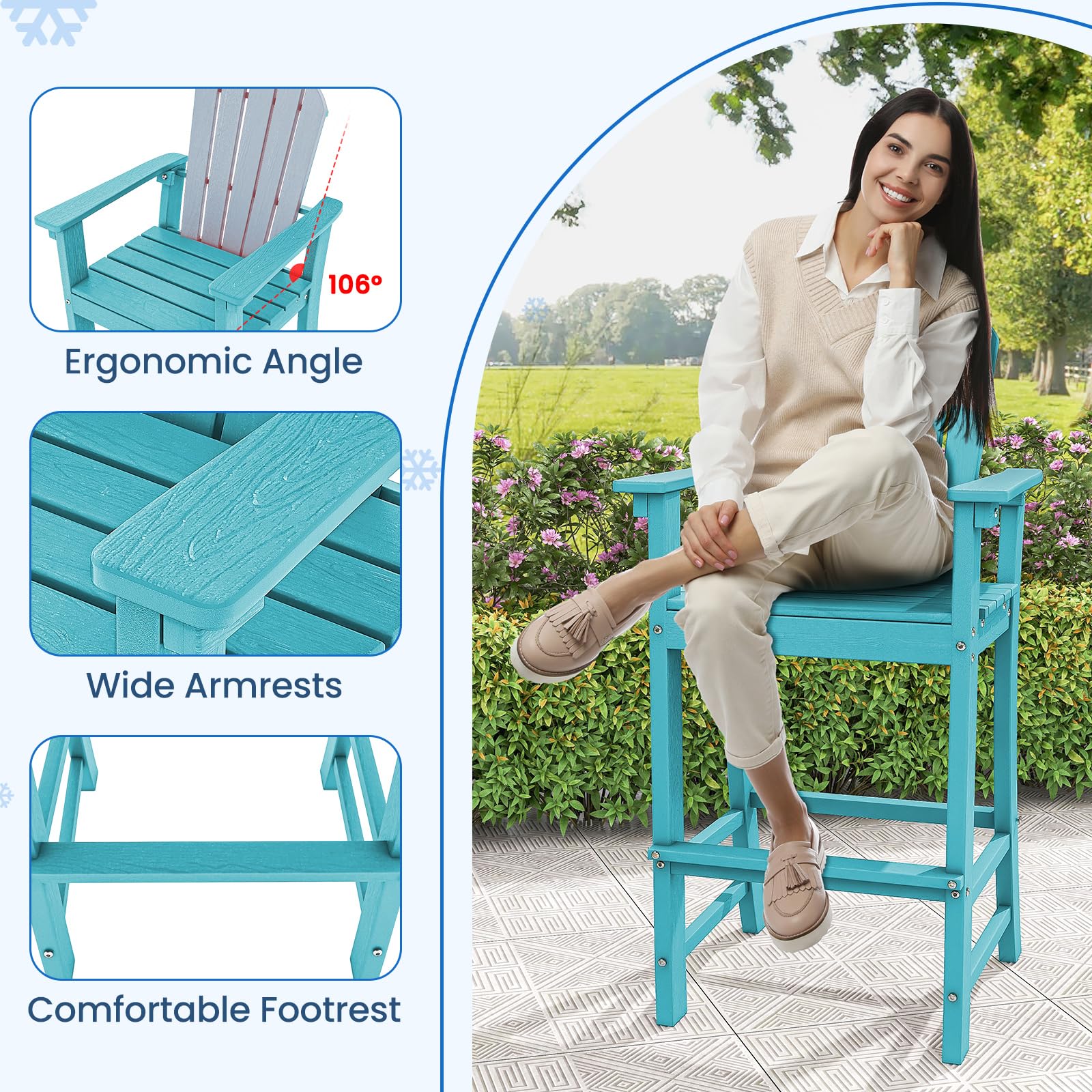 Tangkula Outdoor Tall Adirondack Chair 30 Inches Seat Height, HDPE Bar Height Patio Chair with High Backrest, Armrests and Footrest, Outdoor Bar Stool for Balcony Deck Garden Poolside (2, Turquoise)