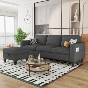 zeefu convertible sectional sofa couch: dark gray 3seat l-shaped sectional sofa couches with storage ottoman - modern linen fabric small sofa furniture set for living room office small space apartment