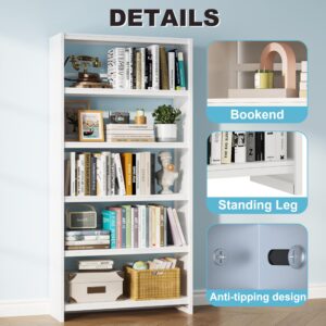 CBNTKI 69" White Bookshelf, 5 Tier Tall Bookcase with Bookend, Large Metal Book Shelf Display Storage Shelves for Bedroom Living Room Office