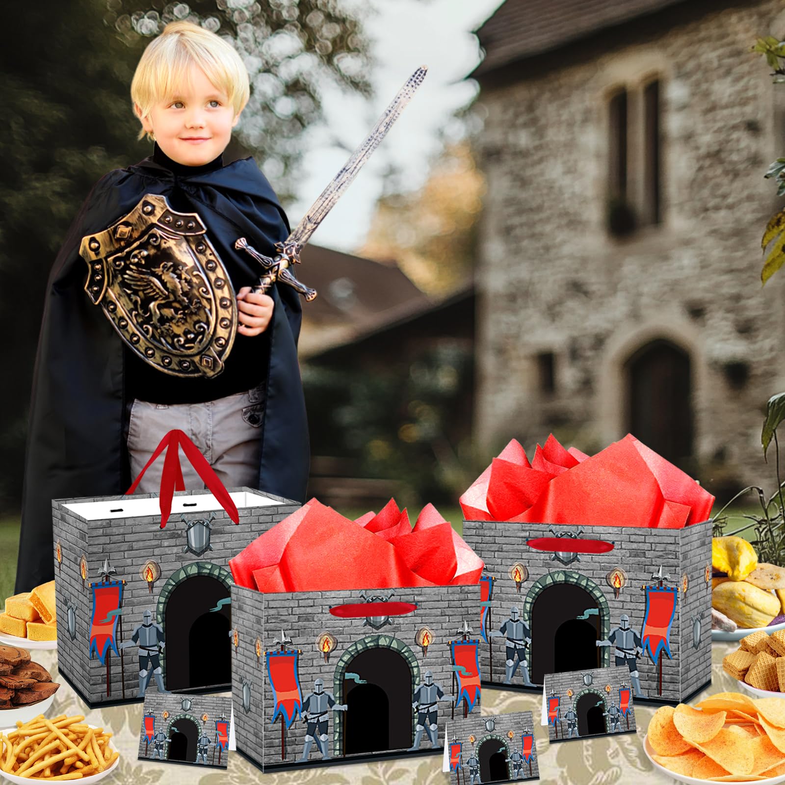 Large Medieval Party Gift Bags Castle Knight Favor Bags with Tissue Paper Card Medieval Castle Princess Knight Wrapping Paper Bags for Boys Girls Birthday Medieval Halloween Party Decorations Supplies