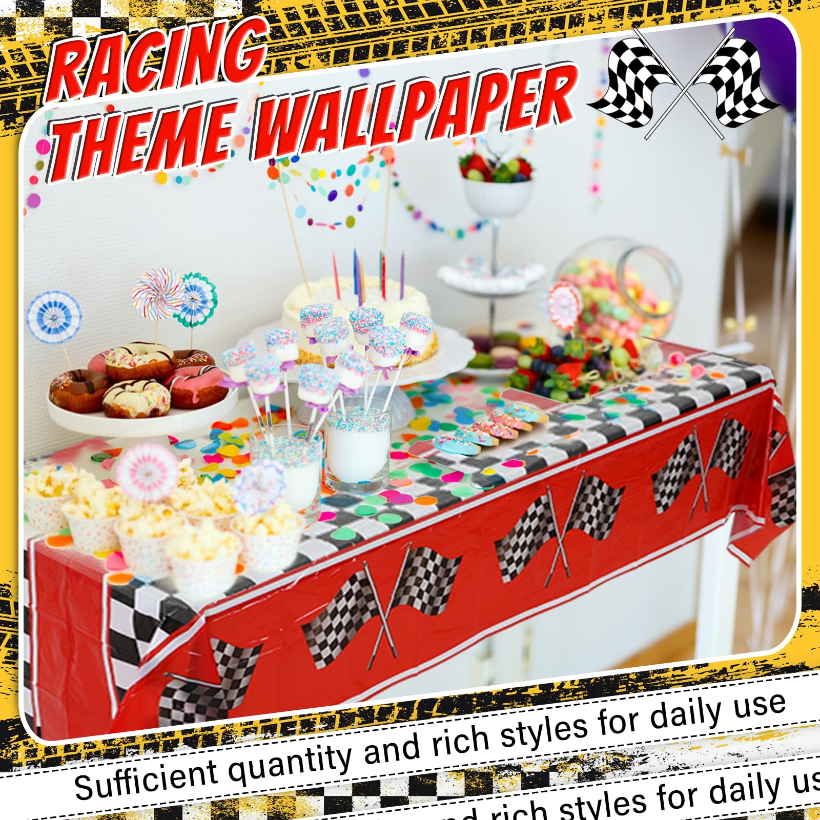 Breling 4 Pcs Car Birthday Party Decorations Plastic Car Table Cloth 4 Styles Disposable Race Road Checkered Party Supplies Car Theme Party Favors for Boys Birthday Baby Shower, 54 x 108 Inch