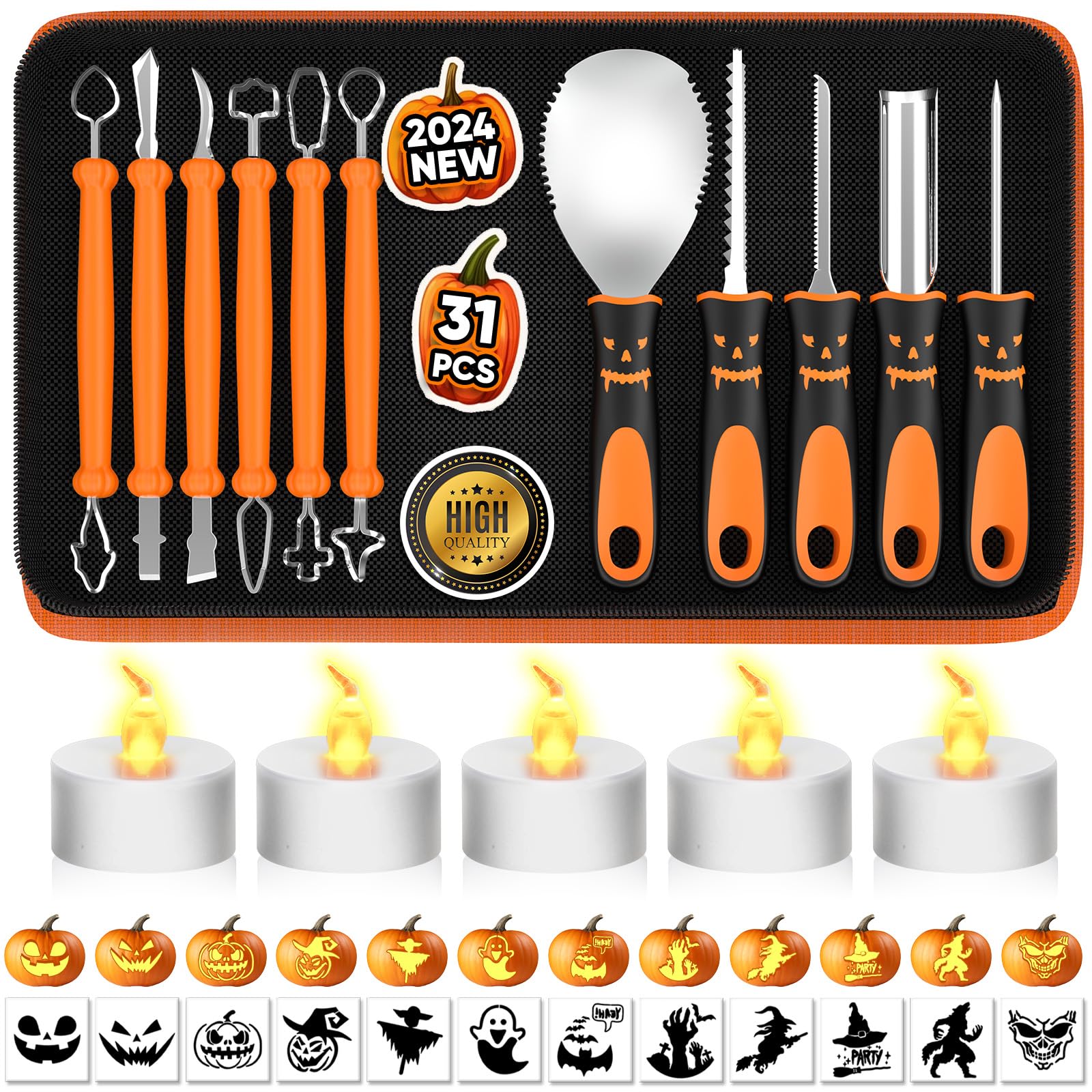 Halloween Pumpkin Carving Kit Tools: 31 PCS Heavy Duty Stainless Steel Pumpkin Carving Tools with Stencils, Candle Lights, Storage Bag, DIY Pumpkin Decorating Kit Halloween Gifts for Kids and Adults