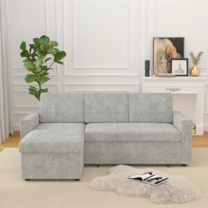 lunhung 85" L-Shaped Sofa Bed, Reversible Modular Sofa Bed with Pull-Out Bed, Storage Sofa Lounge Chair, Chenille, tylish Square Armrests with Nailhead Design for Living Room (Chenille-Light Gray)