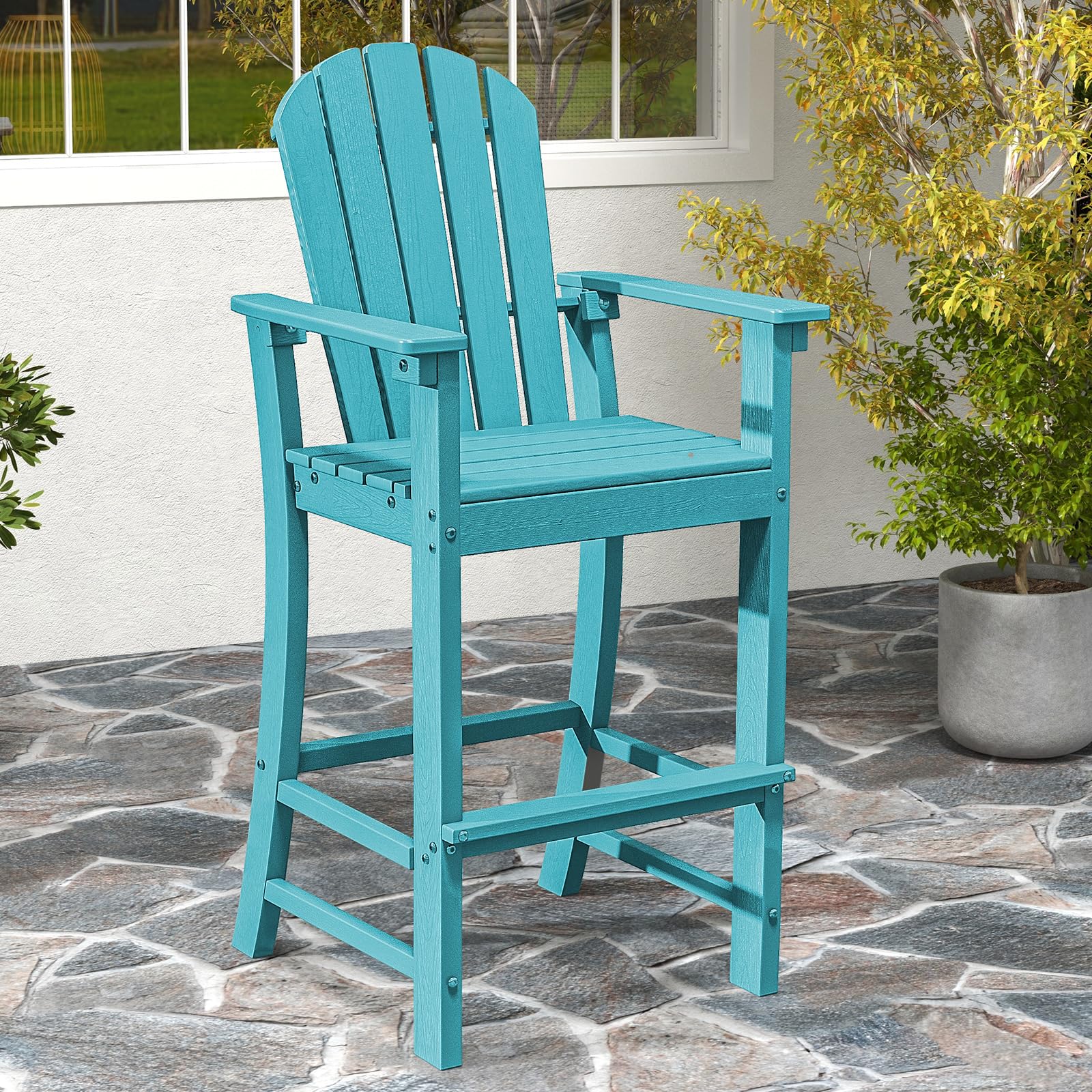 Tangkula Outdoor Tall Adirondack Chair 30 Inches Seat Height, HDPE Bar Height Patio Chair with High Backrest, Armrests and Footrest, Outdoor Bar Stool for Balcony Deck Garden Poolside (2, Turquoise)