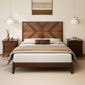 Dolonm Queen Bed Frame, Mid-Century Modern Platform Bed with 50" High Headboard, Under Bed Storage, Wooden Bed Frame with Slat Support, No Box Spring Needed, Walnut