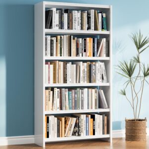 cbntki 69" white bookshelf, 5 tier tall bookcase with bookend, large metal book shelf display storage shelves for bedroom living room office