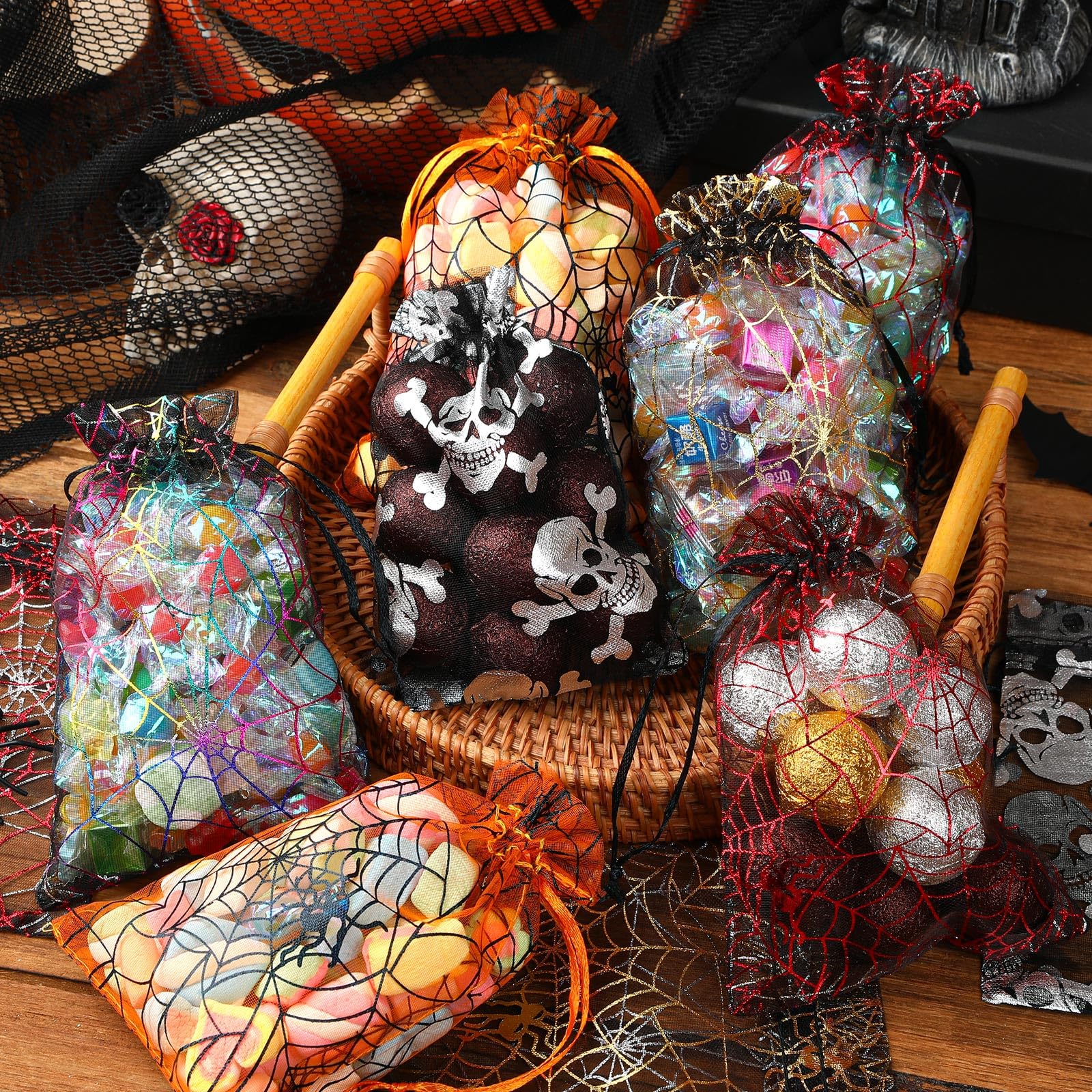 DTOFOOT Halloween Organza Bags, Black Mesh Drawstring Goodie Bags Halloween Candy Treat Bags for Kids Tick or Treat Small Gift Bags for Halloween Party Favors (40 Pcs)