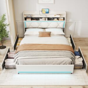 full size bed frame with storage headboard and 4 drawers, platform bed frame with charging station & rgb lights, noise-free, heavy duty wood slats, no box spring needed, noise-free