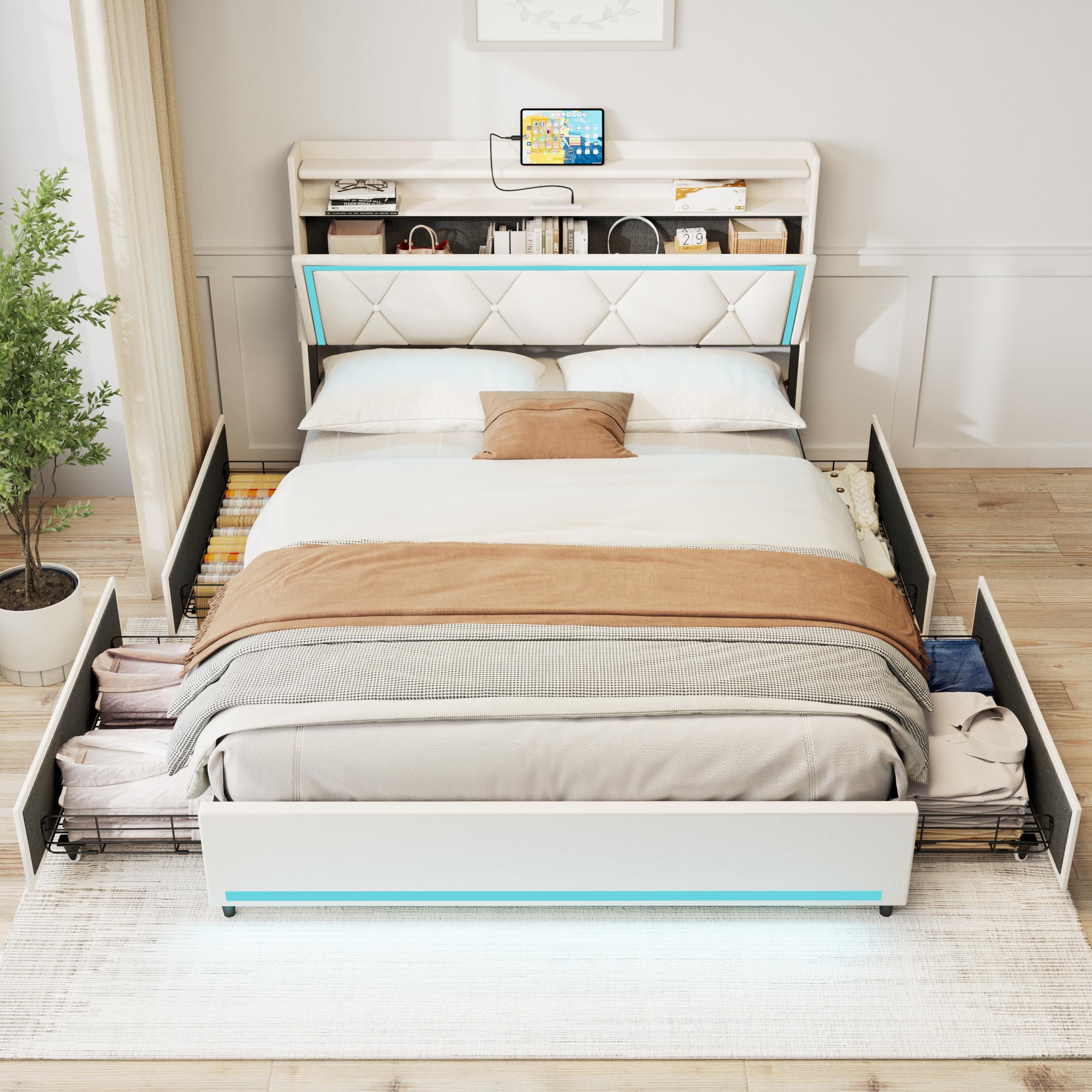 Full Size Bed Frame with Storage Headboard and 4 Drawers, Platform Bed Frame with Charging Station & RGB Lights, Noise-Free, Heavy Duty Wood Slats, No Box Spring Needed, Noise-Free