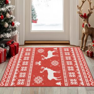 bavni 2x3 entryway rug, holiday christmas rug for fireplace bedroom, non-slip small area rug, soft aesthetic xmas festive carpet, machine washable rug for indoor decor, xmas red