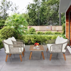 Outvita Patio Furniture 4pcs Outdoor Conversation Sofa Set with Gray Sofa&White Cushion Coffee Table, Loveseat and Single Chair for Backyard Garden Terrace Balcony