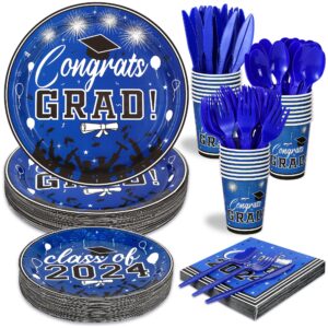 lelemon graduation party supplies serves 25 graduation party blue class of 2024 tableware disposable dinner plates dessert plates napkins knife fork spoon for congrats grad party decorations