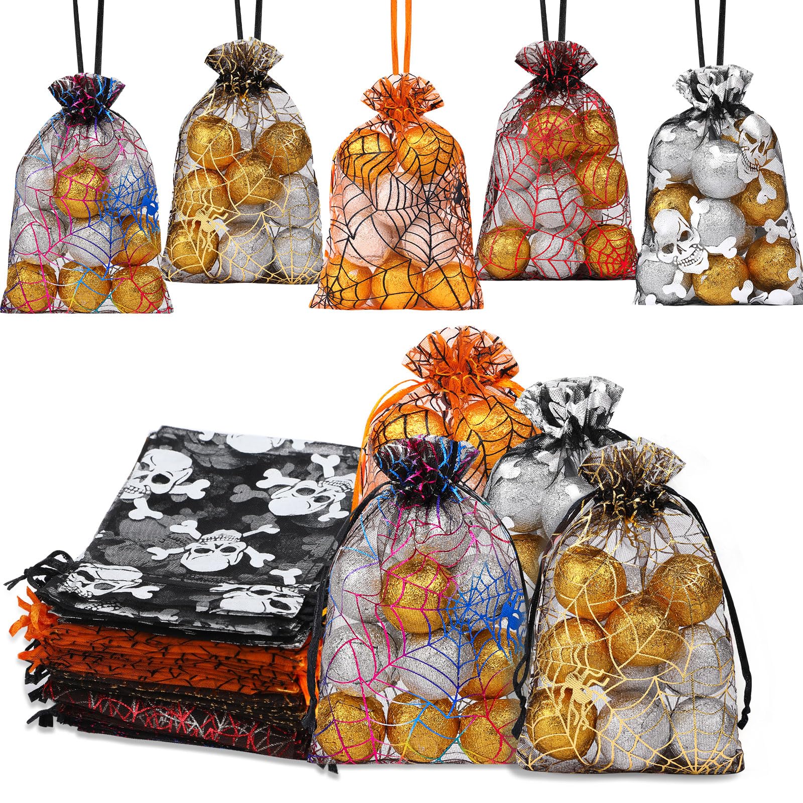 DTOFOOT Halloween Organza Bags, Black Mesh Drawstring Goodie Bags Halloween Candy Treat Bags for Kids Tick or Treat Small Gift Bags for Halloween Party Favors (40 Pcs)