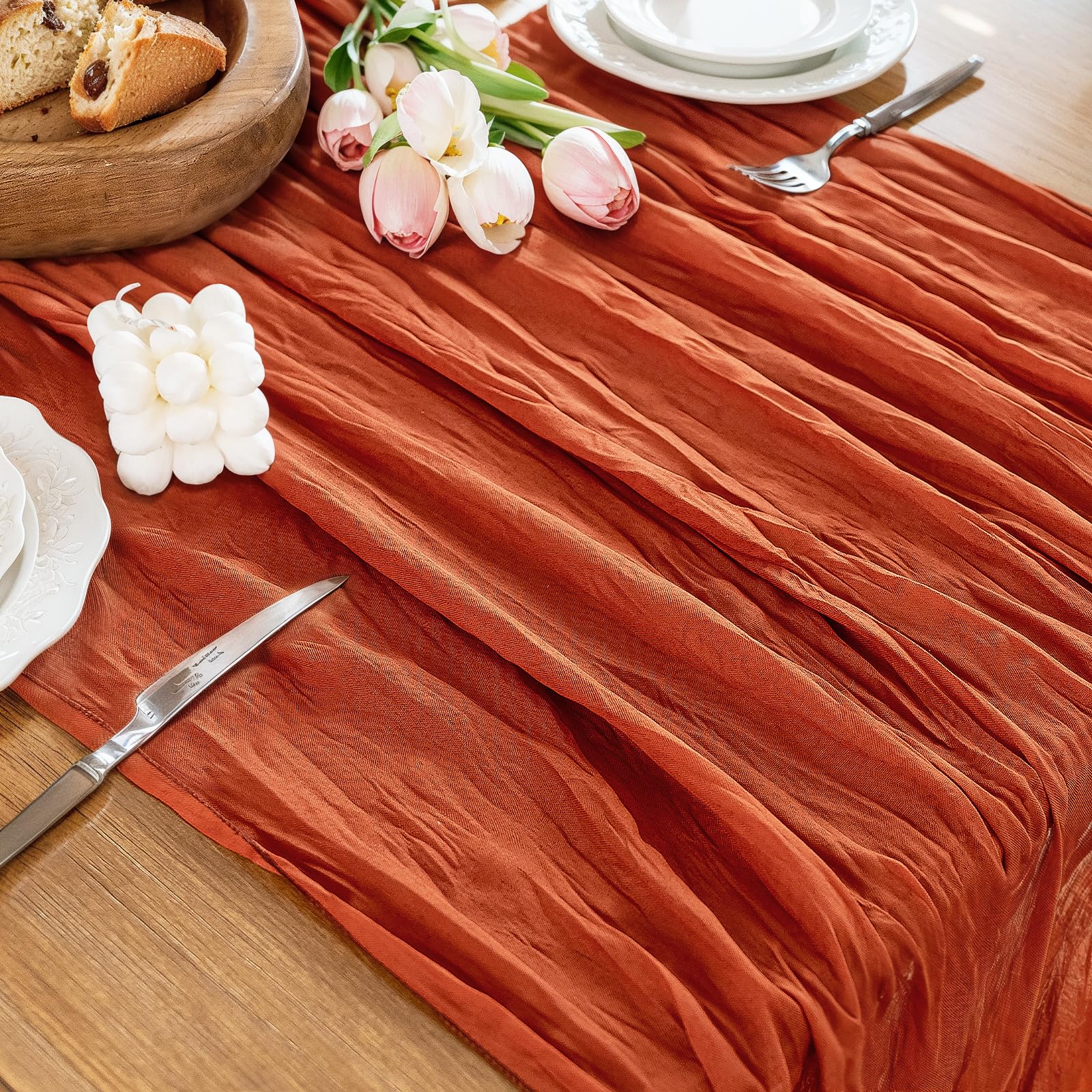 HOMEBROS Cheesecloth Table Runner, 10 Ft Fall Gauze Table Runner Boho Rustic Sheer Wrinkled Cloth Table Runner for Dining Wedding Baby Shower Birthday Party Decor - Terracotta