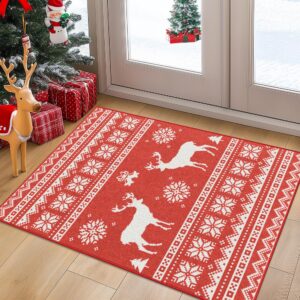 Bavni 2X3 Entryway Rug, Holiday Christmas Rug for Fireplace Bedroom, Non-Slip Small Area Rug, Soft Aesthetic Xmas Festive Carpet, Machine Washable Rug for Indoor Decor, Xmas Red