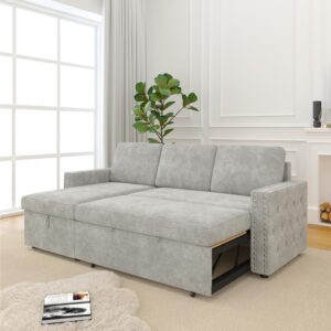 lunhung 85" L-Shaped Sofa Bed, Reversible Modular Sofa Bed with Pull-Out Bed, Storage Sofa Lounge Chair, Chenille, tylish Square Armrests with Nailhead Design for Living Room (Chenille-Light Gray)