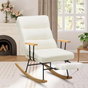 rocking chair with footrest-glider rocker chair with retractable footrest and adjustable backrest, teddy upholstered rocking chair, modern accent chair for living room/nursery/bedroom/outdoor-beige