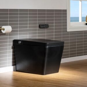 woodbridge square smart bidet toilet with auto open & close, foot sensor, auto flush, multiple spray modes, heated seat, warm water and air dryer, auto led nightlight, matte black, ebt-mb03