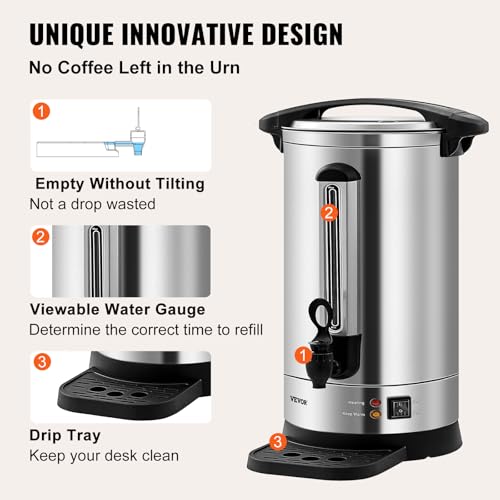 VEVOR Coffee Urn 65Cups/9.75L, Coffee Maker Urn 1500W, Large Coffee Dispenser With Coffee Level Window