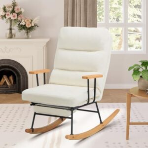 Rocking Chair with Footrest-Glider Rocker Chair with Retractable Footrest and Adjustable Backrest, Teddy Upholstered Rocking Chair, Modern Accent Chair for Living Room/Nursery/Bedroom/Outdoor-Beige