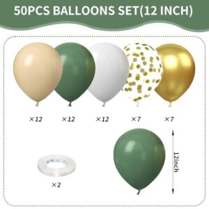 Sage Green Gold Balloons, 50Pcs 12 Inchs Green White Metallic Gold Confetti Balloons for Engagement Baby Shower Anniversary Boho Wedding Bridal Shower Graduation Birthday Party Decorations